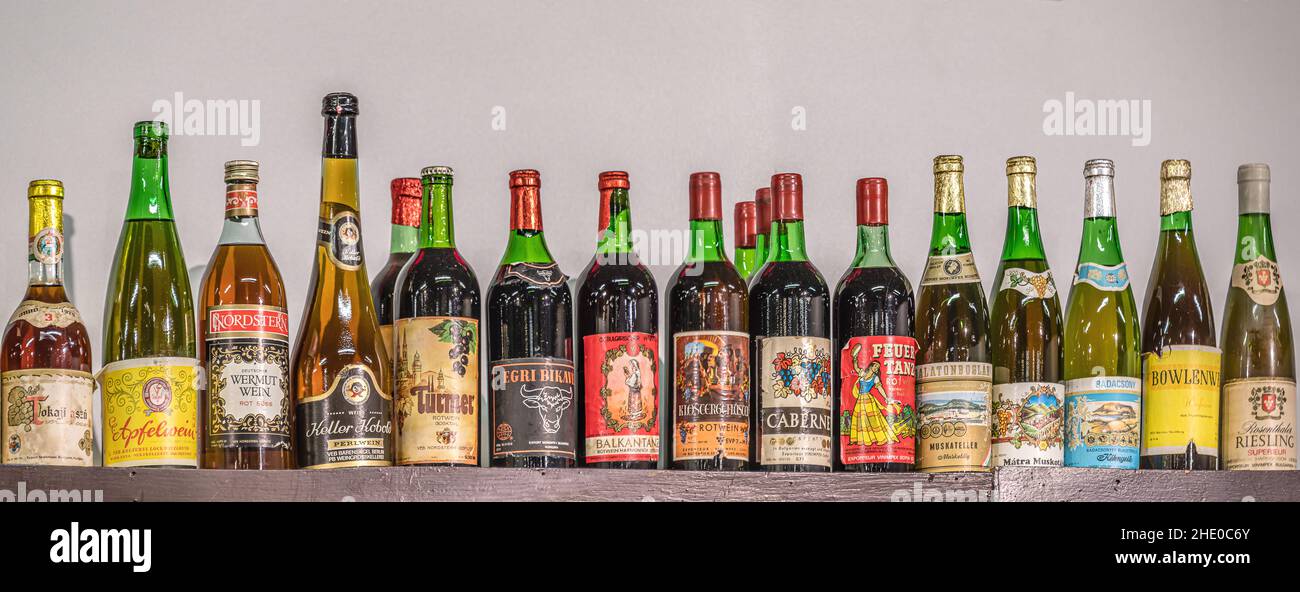 Panorama of East German spirit and wine bottles at the "Die Welt der ...