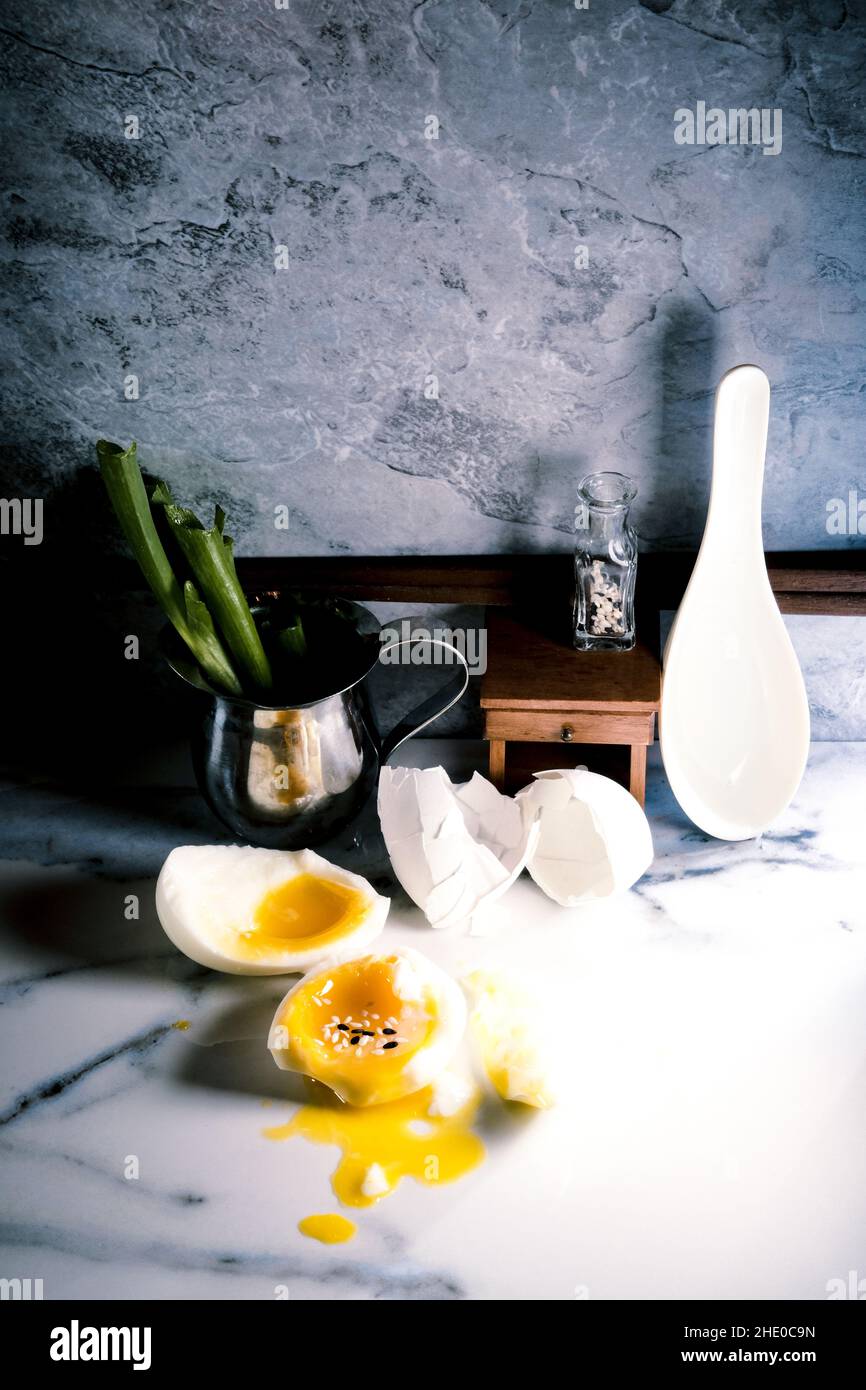 Giant larger than life surreal soft boiled egg with sesame seeds Stock ...