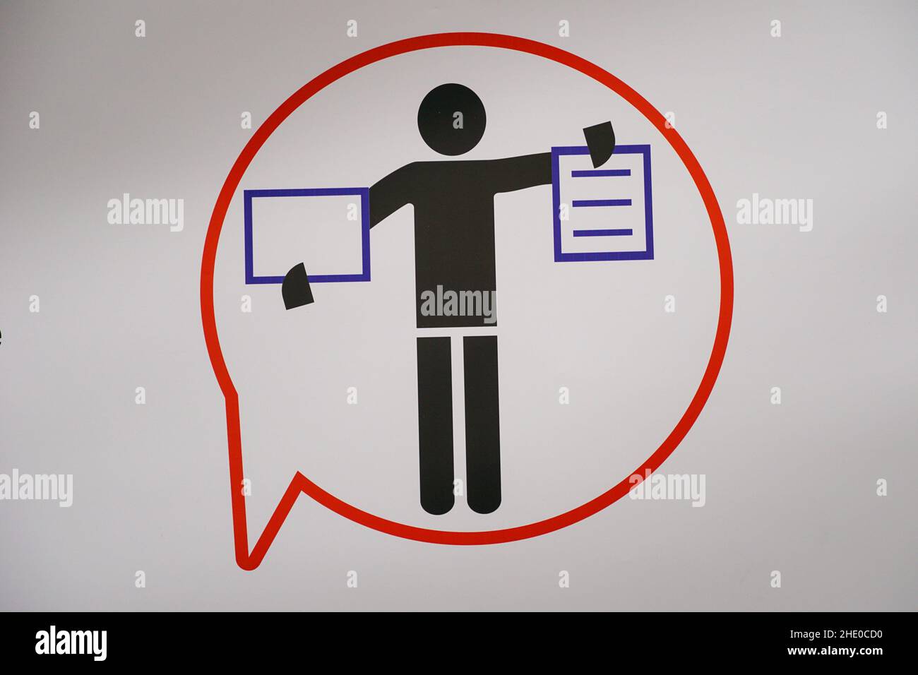 Pictogram of a guy comparing paper with a screen in a red conversation ...
