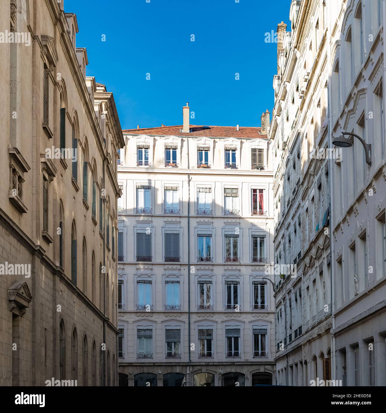 Lyon, typical street in the center, with beautiful buildings Stock ...