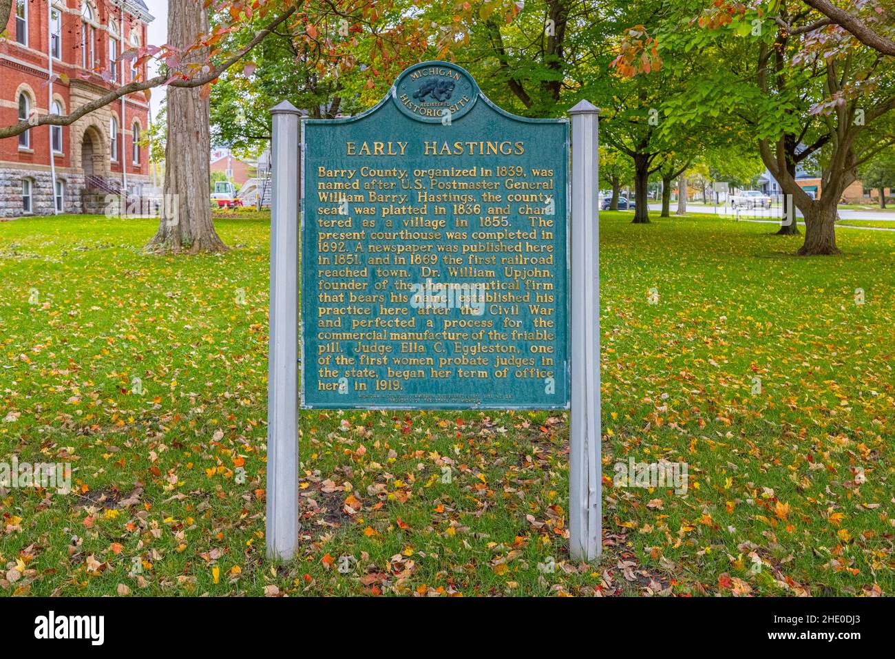 Hastings, Michigan, USA - October 21, 2021: Plaque tells the history of Early Hastings The Barry ...