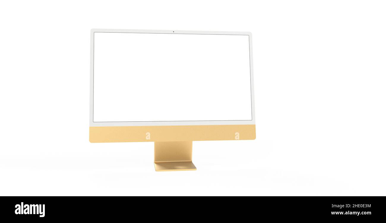 A 3D render of a yellow monitor with a blank white screen on a white ...