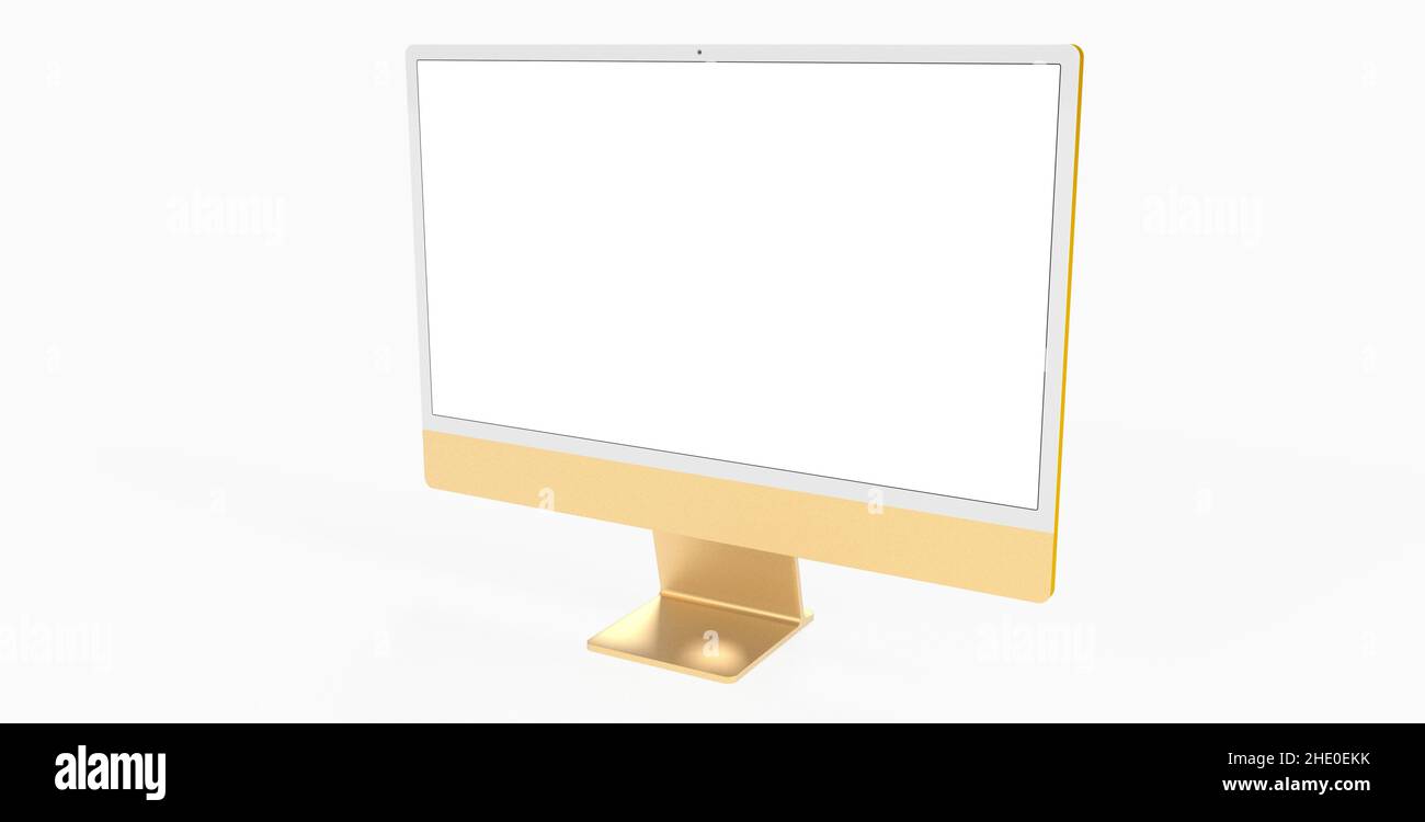 A 3D render of a yellow monitor with a blank white screen on a white ...