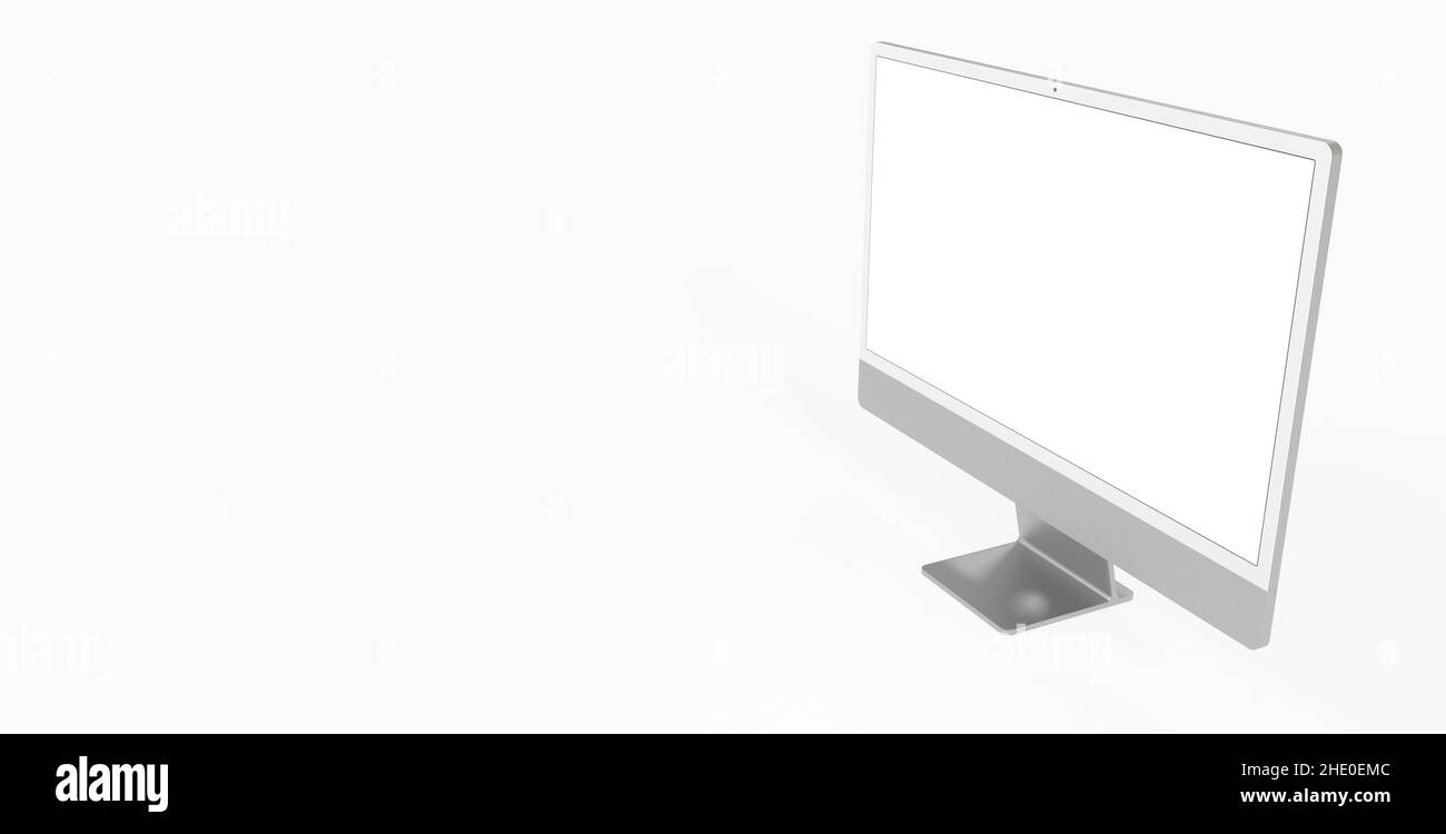 A 3D illustration of a computer with a white screen on the white ...