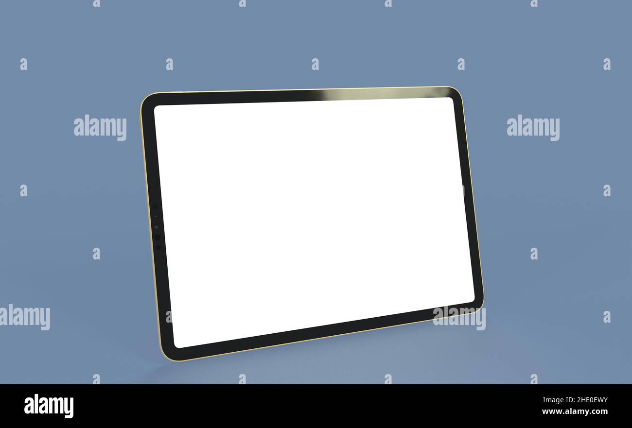 A 3D render of a tablet with a blank white screen on a blue background ...