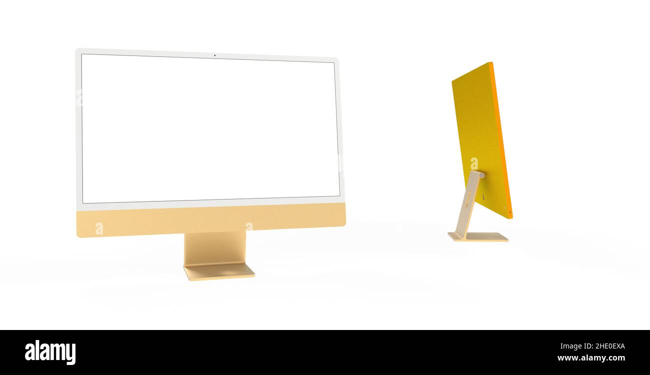 A 3D render of a yellow monitor with a blank white screen on a white ...