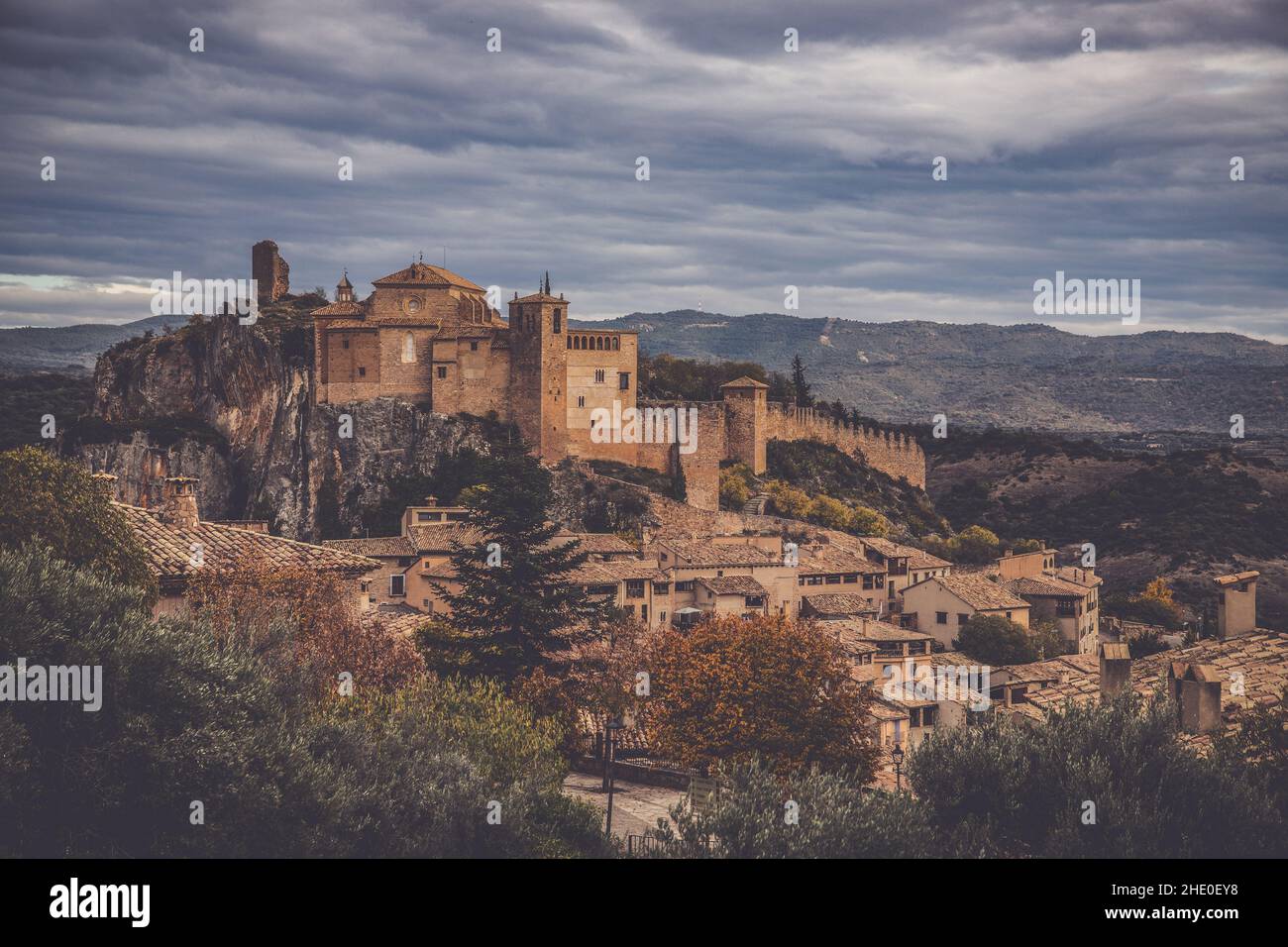 View of the typical spanish medieval village of Alquezar above Vera ...