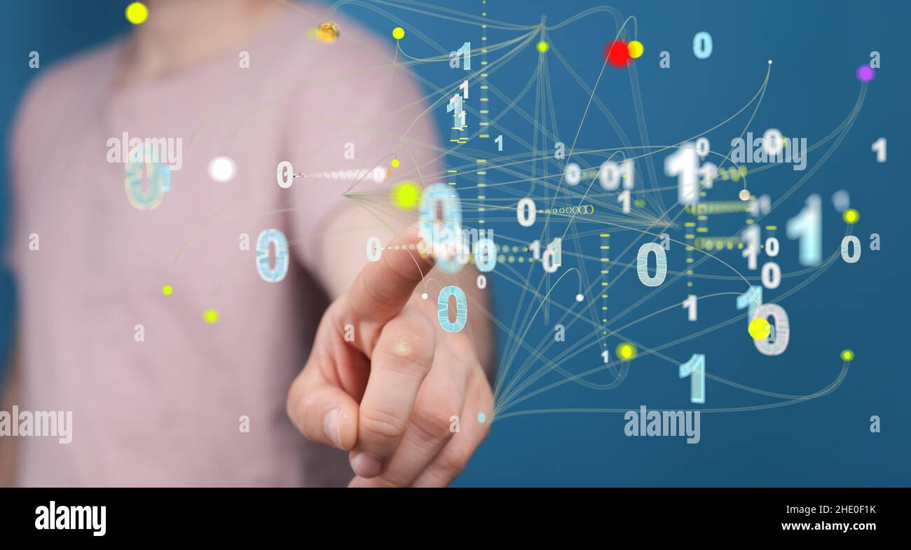Person pointing at a digital render of a connected network of binary ...