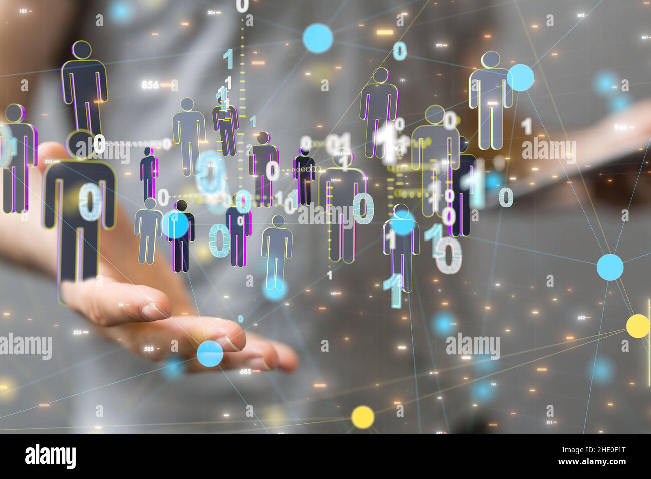Digital render of an interconnected network of profiles and binary code ...
