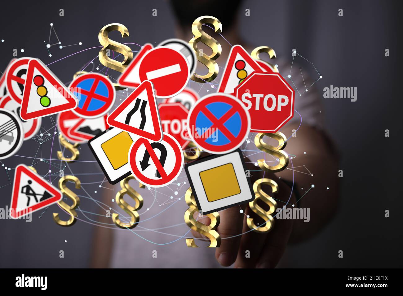 Closeup shot of a man touching the road signs floating in the air Stock ...