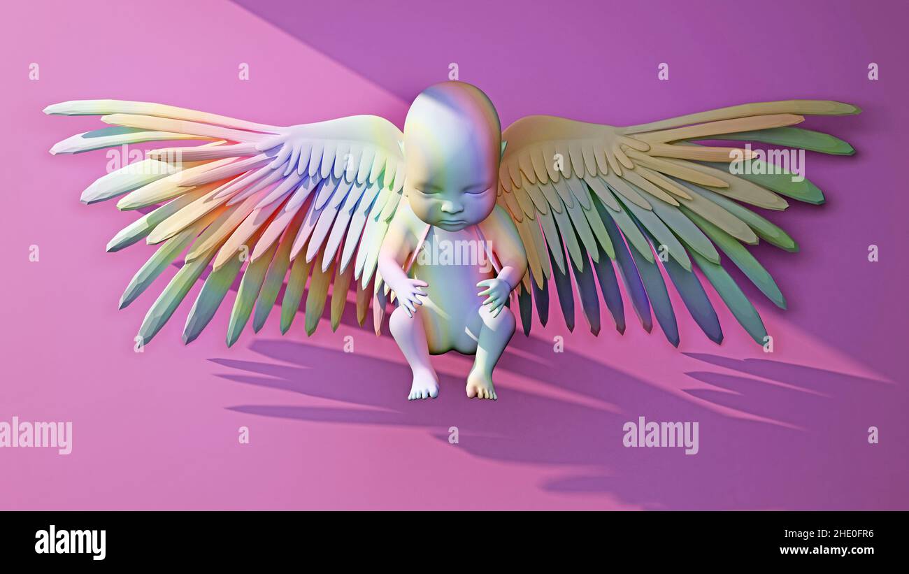 human newborn with wings in ray of light front view in pastel colors ...