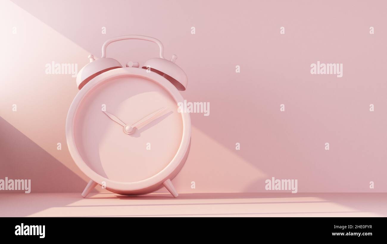 pink solid color alarm clock without numbers with copy space. 3d ...