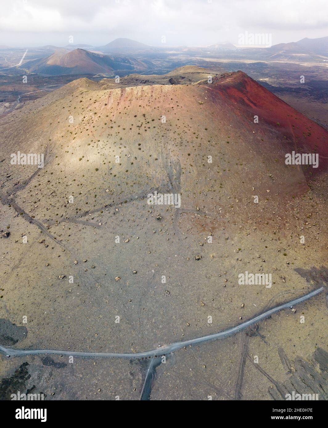 Aerial view of the path on Volcano Montana Colorada, Lanzarote, Canary ...