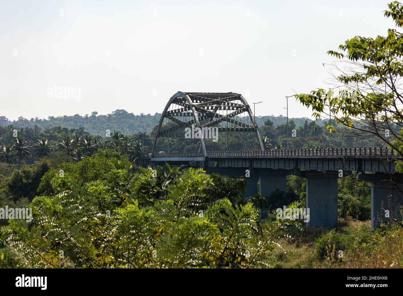 View of the tied steel arch Gandaulim - Marcel Bridge over Cumbarjua ...