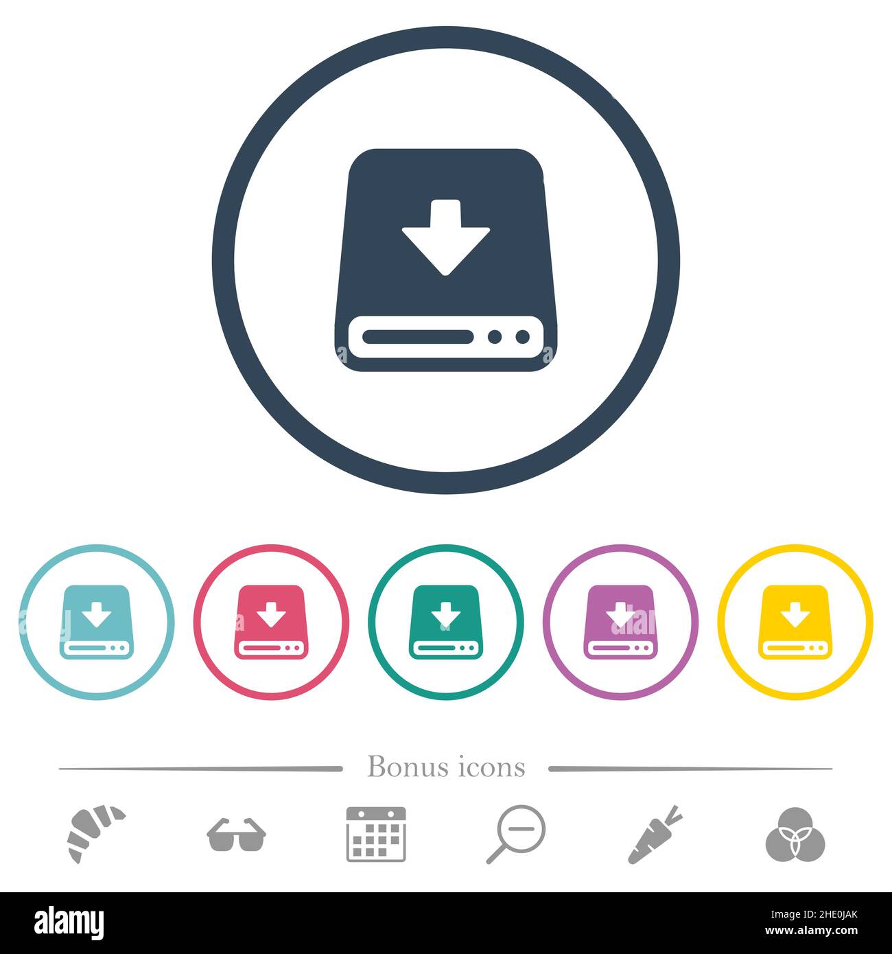 Download to hard disk flat color icons in round outlines. 6 bonus icons ...