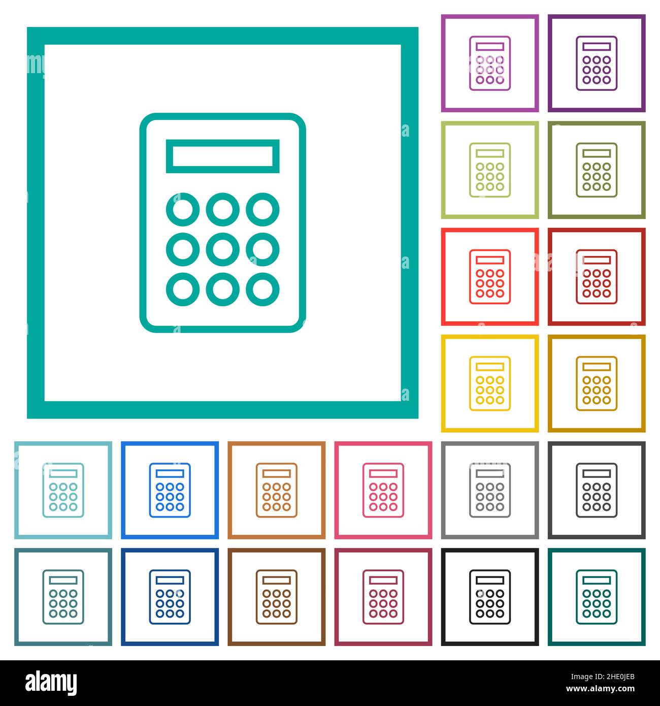 Calculator outline flat color icons with quadrant frames on white ...