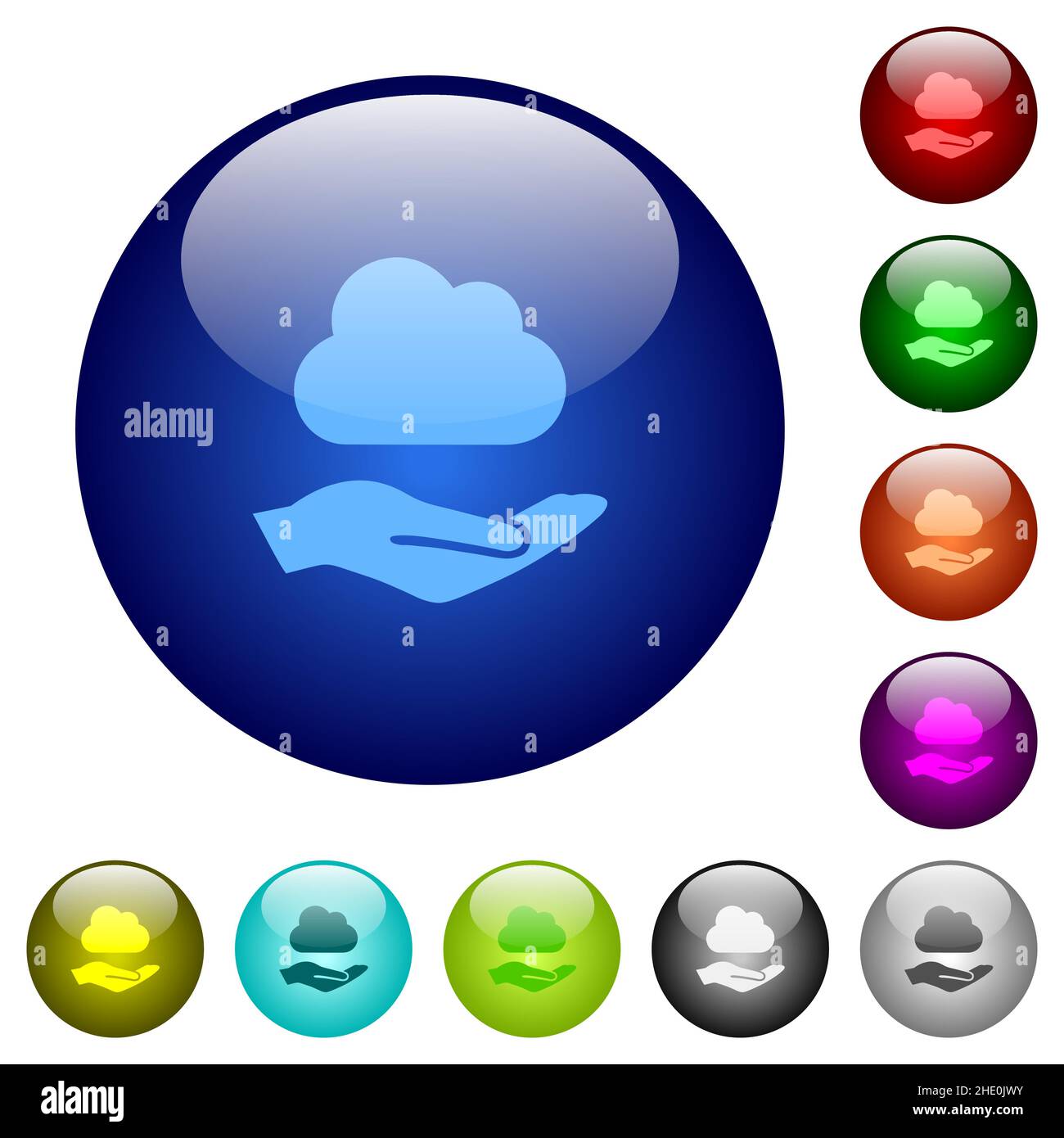 Cloud services icons on round glass buttons in multiple colors. Arranged layer structure Stock ...
