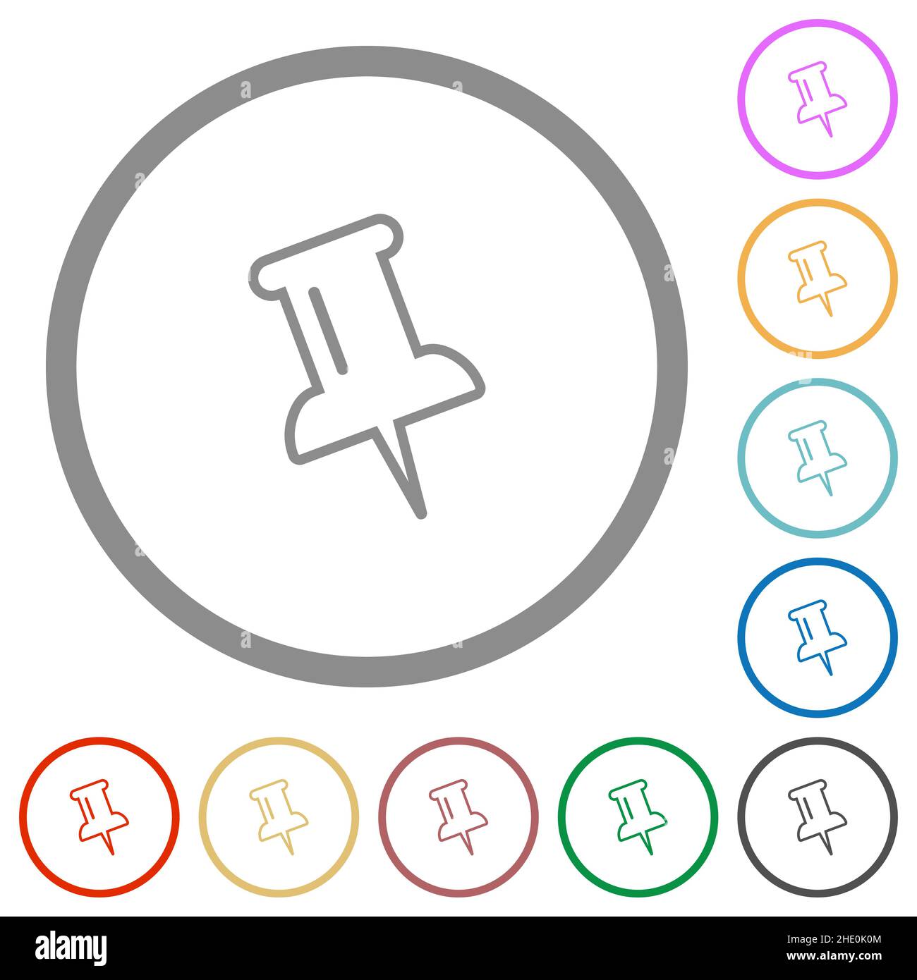 Push pin outline flat color icons in round outlines on white background ...