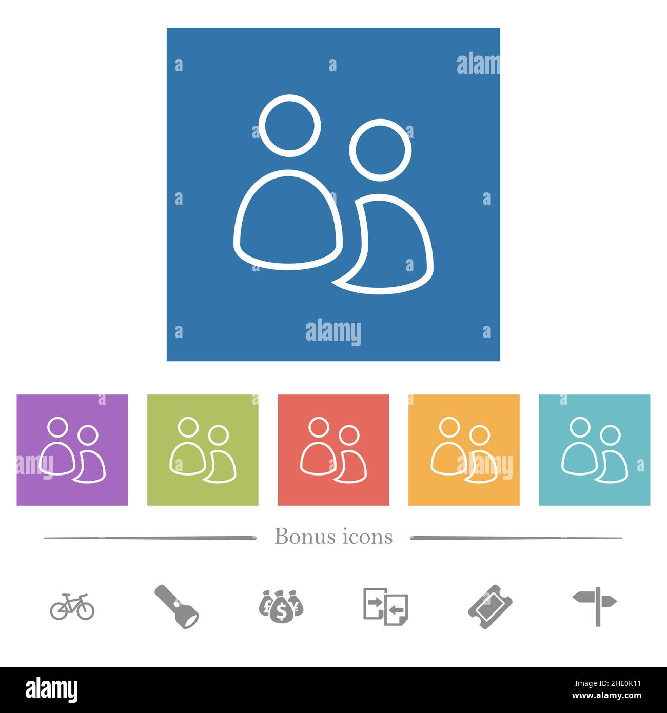 User group outline flat white icons in square backgrounds. 6 bonus ...