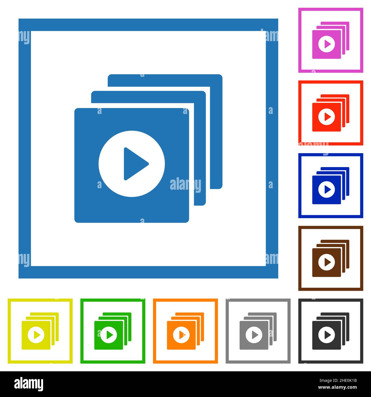 Play files solid flat color icons in square frames on white background ...