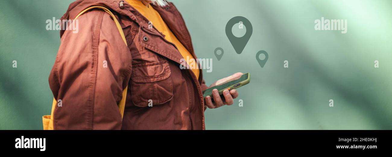 Woman using smart phone with map gps navigation application on screen ...