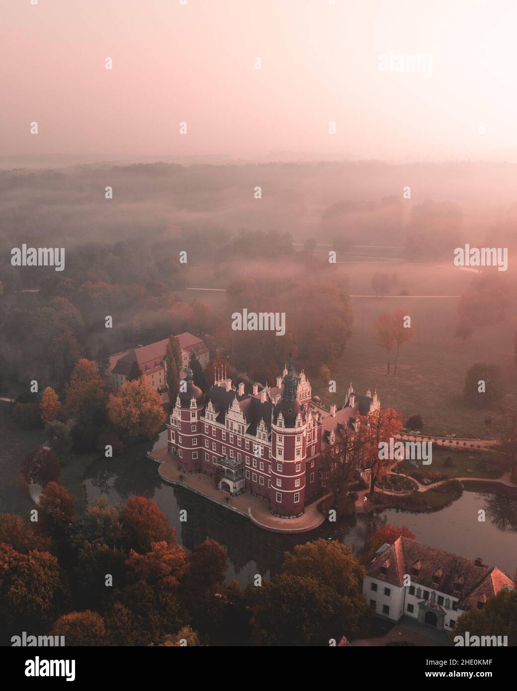 Aerial view of Muskau Park in the mist Stock Photo - Alamy