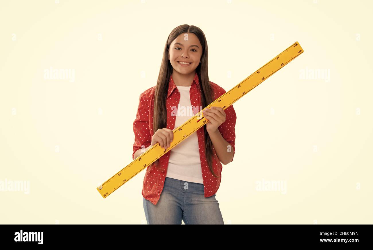 happy child hold ruler study mathematics at school isolated on white ...