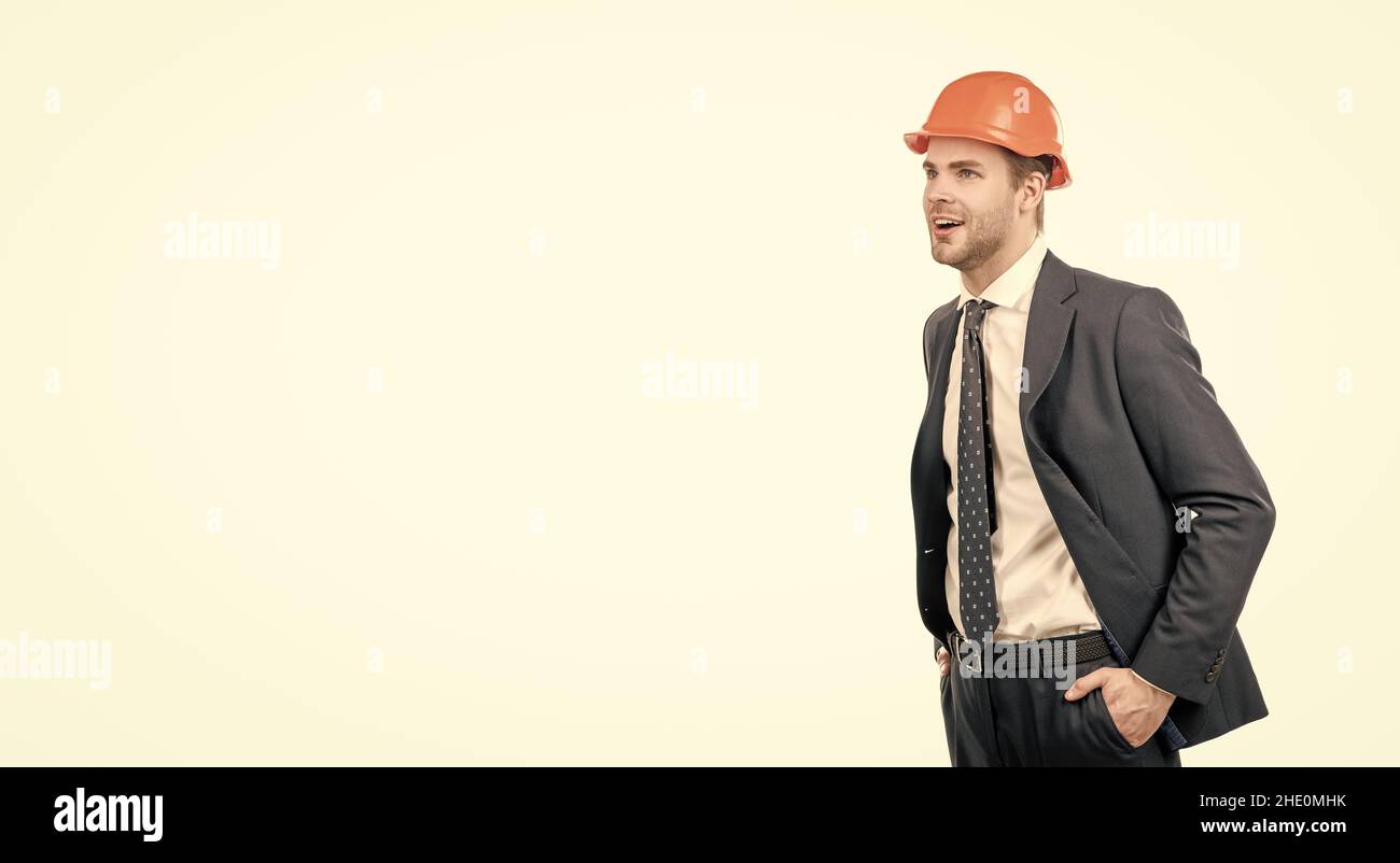 Always dedicated and devoted. Happy engineer isolated on white. Civil ...
