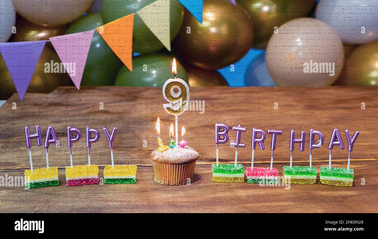 Happy birthday for 9 year old baby greeting card, festive cupcake with ...