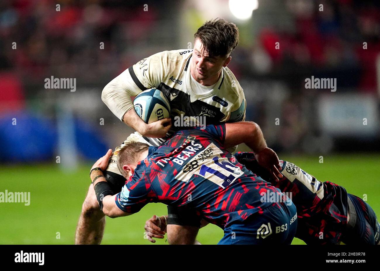 Sale Sharks' Thomas Curry and Bristol Bears' Jake Kerr and Joe Joyce ...