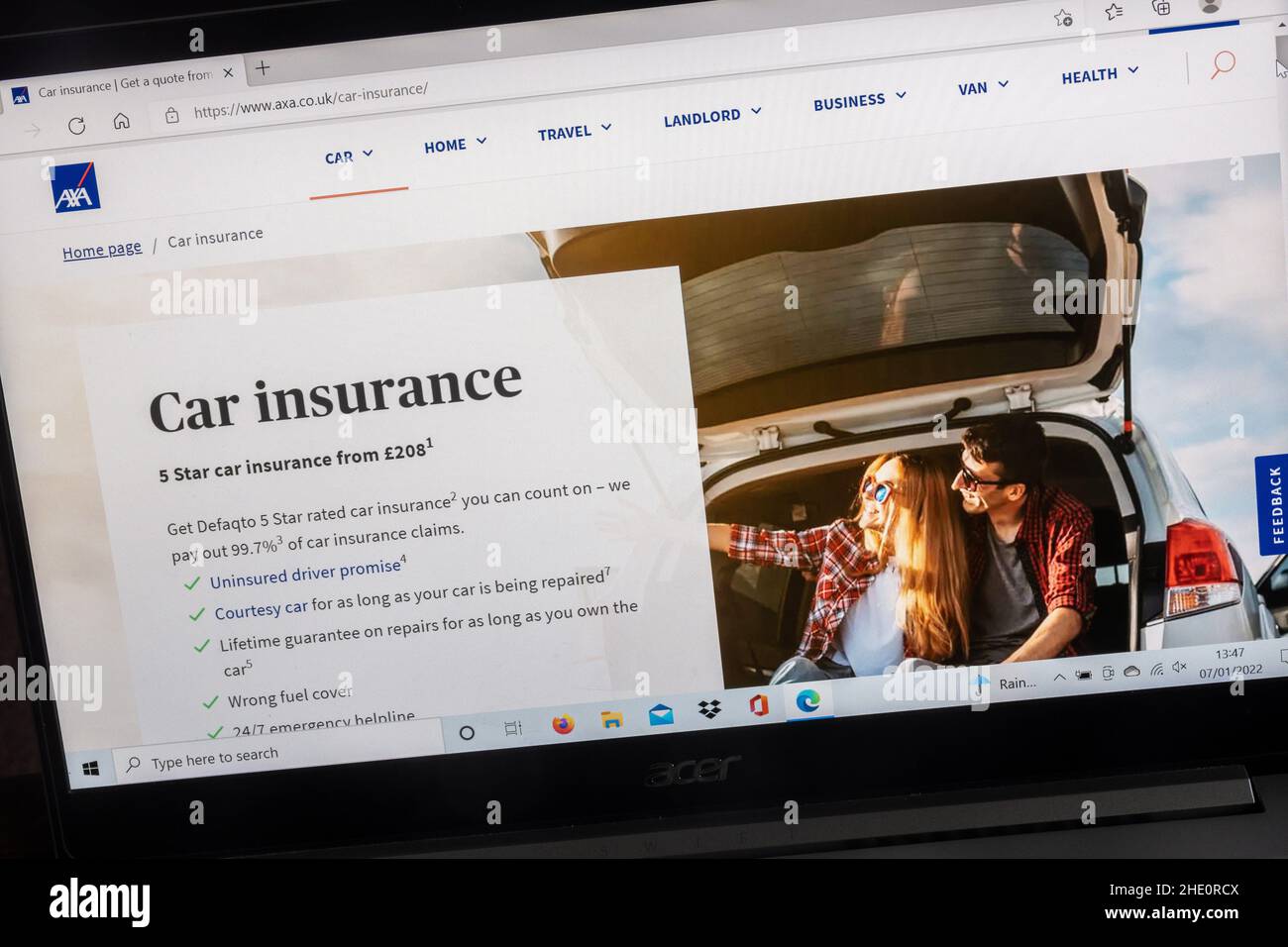 Axa Insurance Company on a laptop computer screen. Car insurance page ...