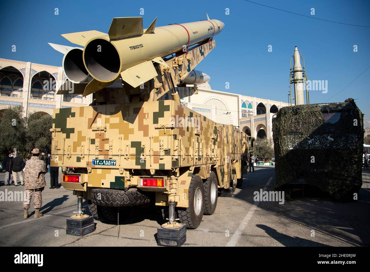 Qiam, right, Zolfagahr, second left, and Dezful missiles are displayed ...