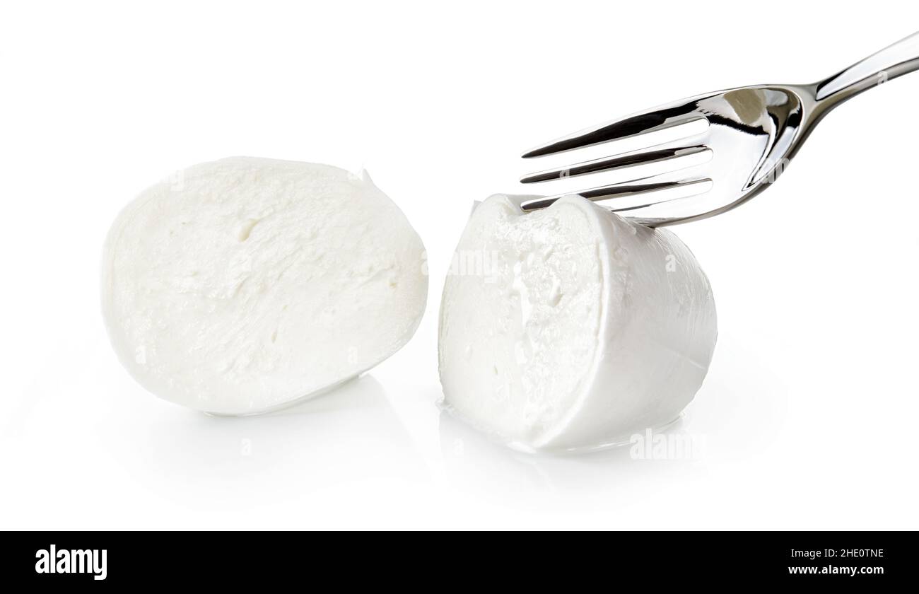 Fresh buffalo mozzarella with fork isolated on white background, close ...