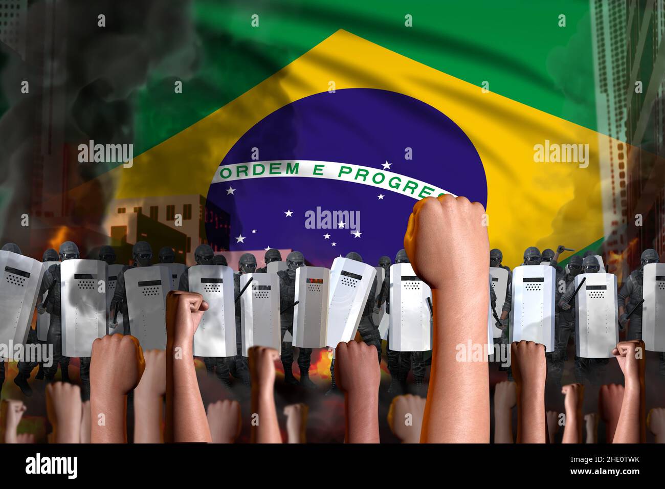 revolt stopping concept - protest in Brazil on flag background, police ...