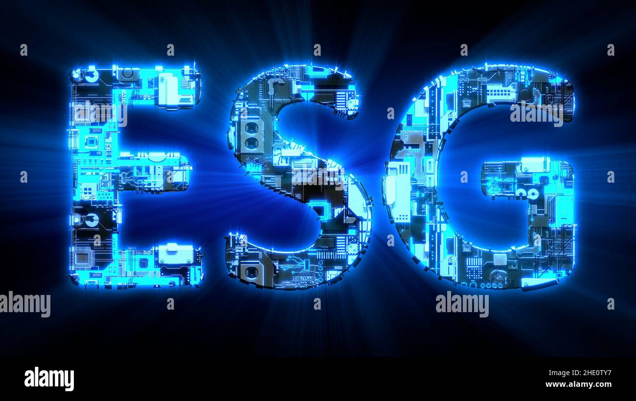 ESG shining blue digital cyber text, isolated - industrial 3D ...