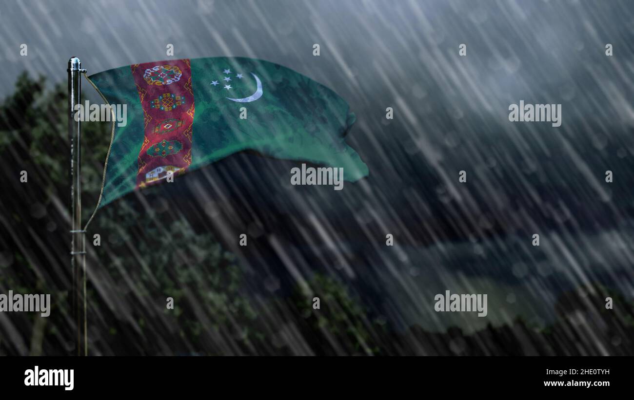 flag of Turkmenistan with rain and dark clouds, squall wind forecast ...