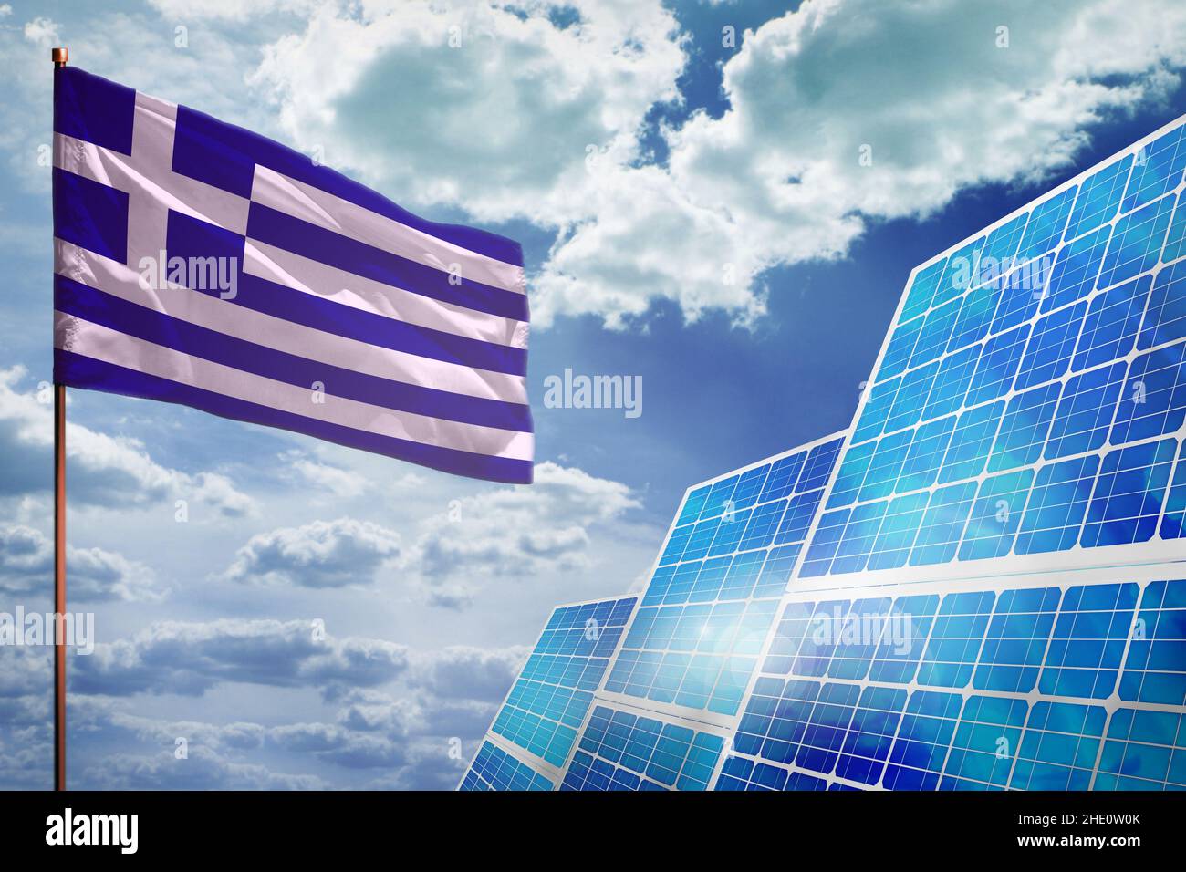 Greece solar energy, alternative energy industrial concept with flag ...
