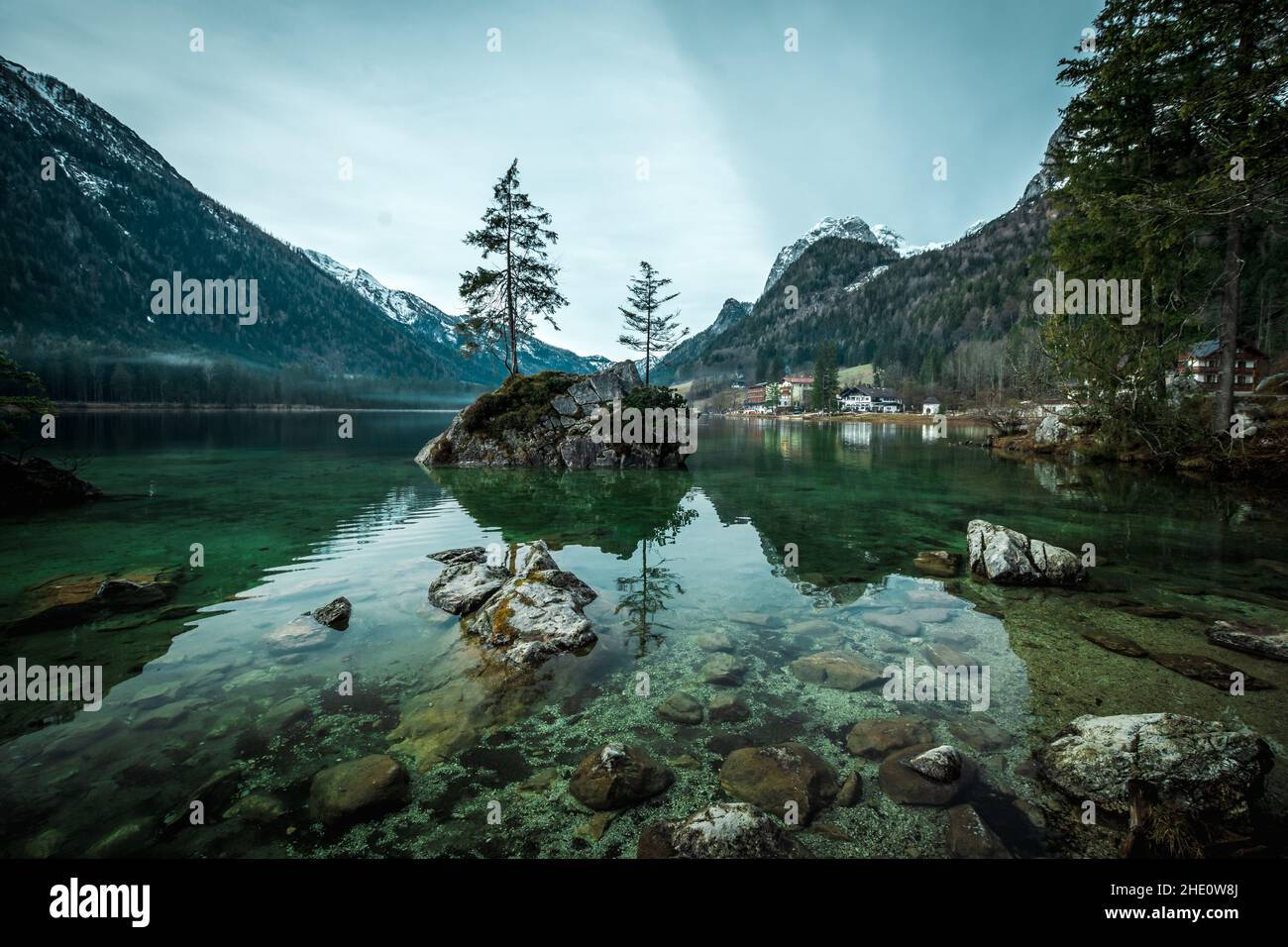Landscape view of the Lake Hintersee in Berchtesgaden National Park ...