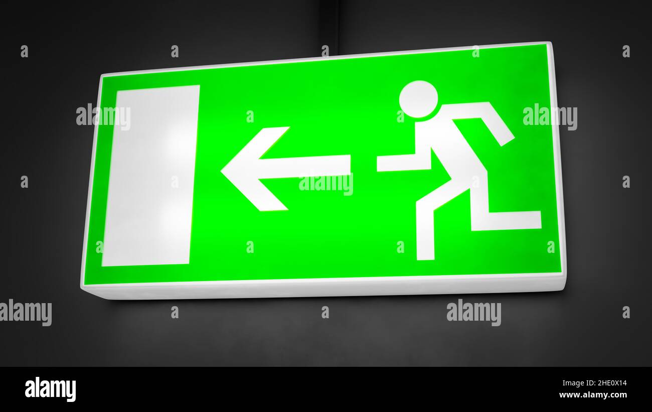 Green exit sign light. 3D illustration Stock Photo - Alamy