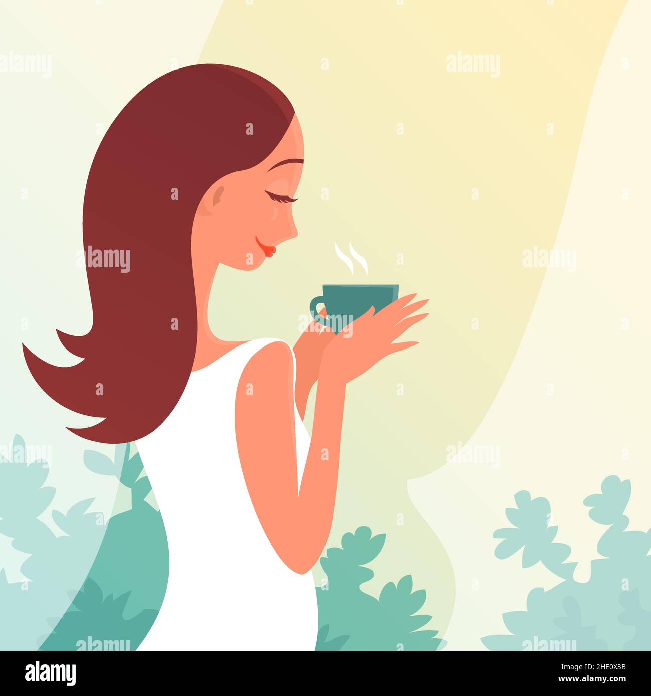 Young beautiful girl with a cup of tea. Happy moment. Looks out the ...