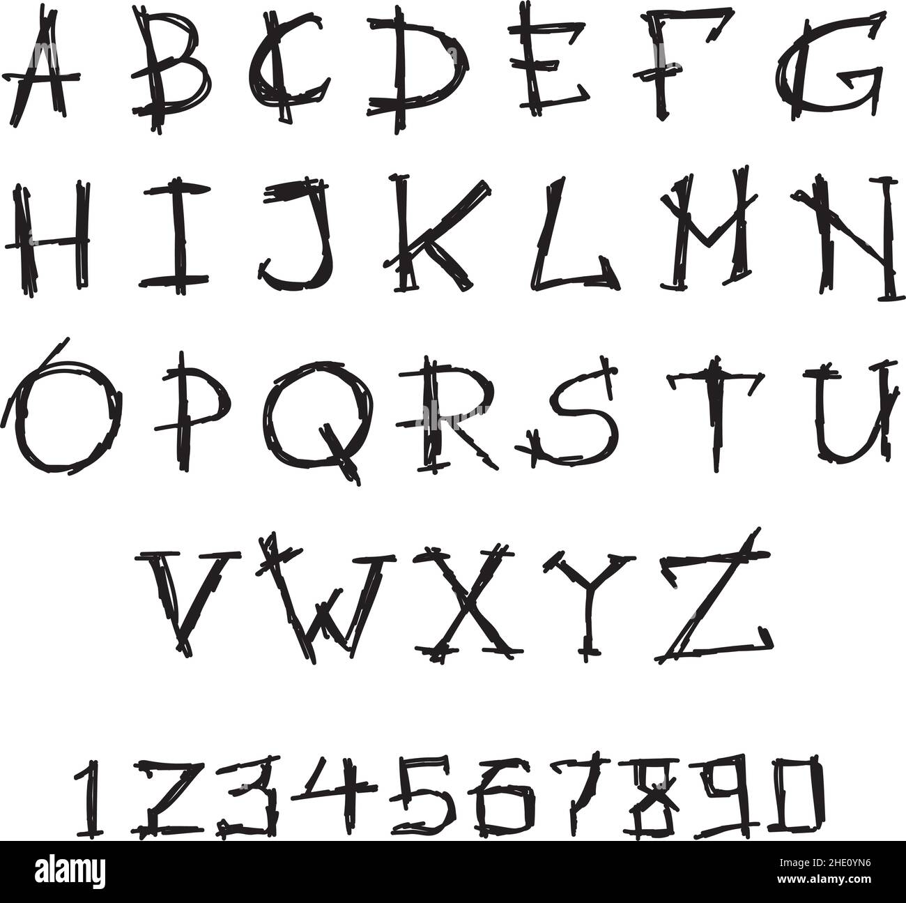 Hand drawn scary and ragged alphabet with numbers in doodle style ...