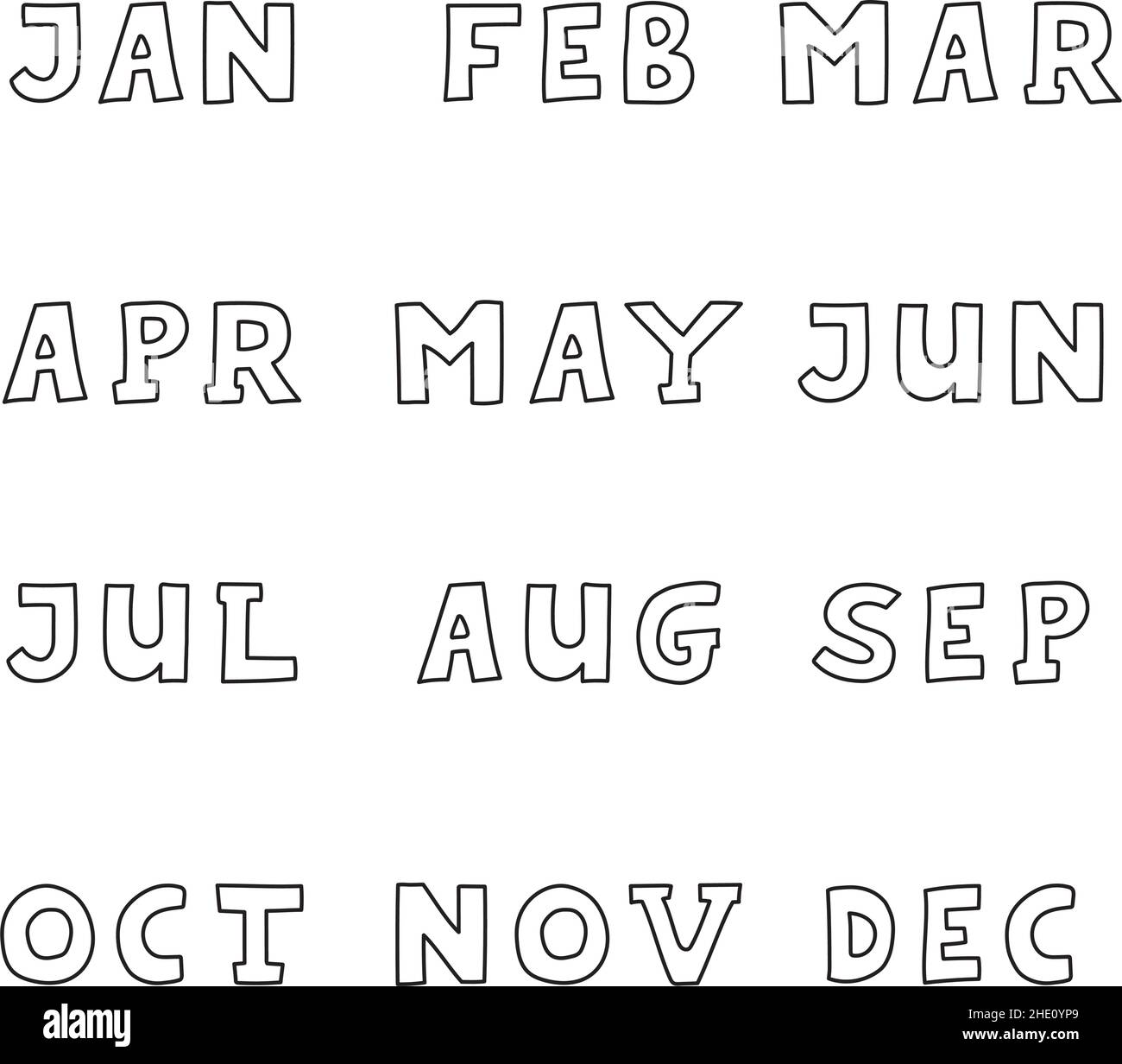 Hand drawn month names in abbreviated form in doodle style isolated ...