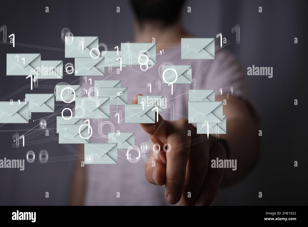 Male's hand pointing to an illustration of email inbox signs Stock ...