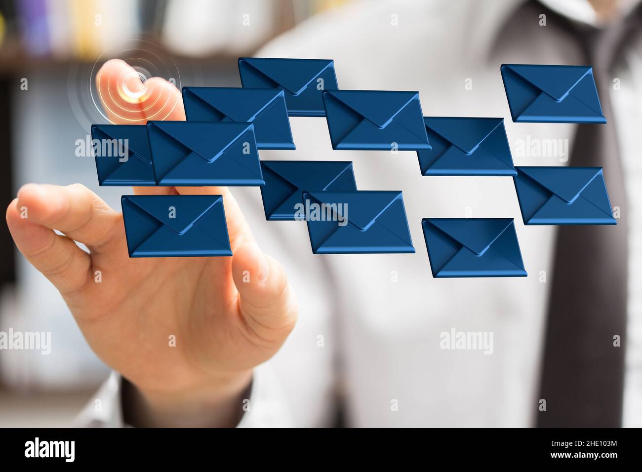 Male's hand pointing to an illustration of email inbox signs Stock ...