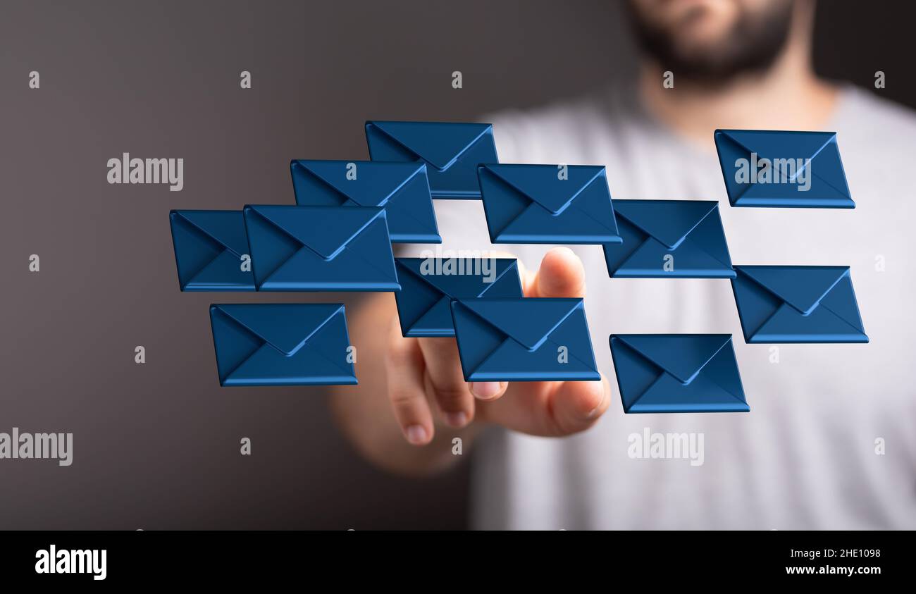 Male's hand pointing to an illustration of email inbox signs Stock ...
