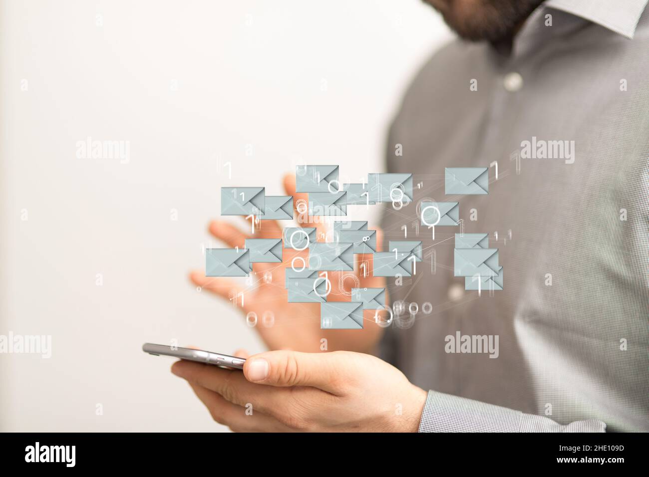 Male's hand pointing to an illustration of email inbox signs Stock ...