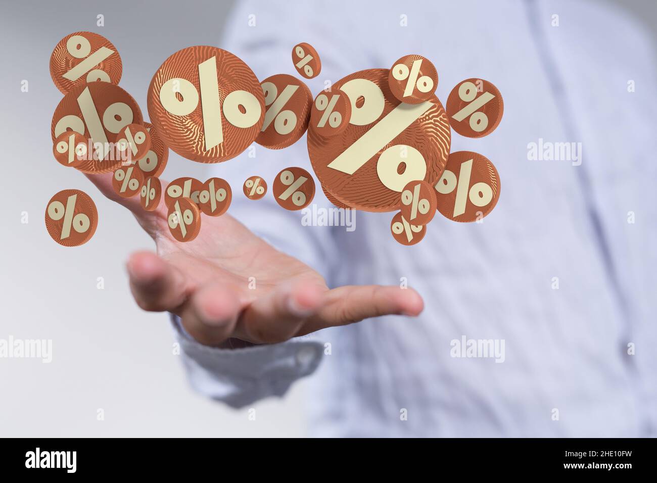 Male's hand holding an illustration of a sale percent discount % sign ...