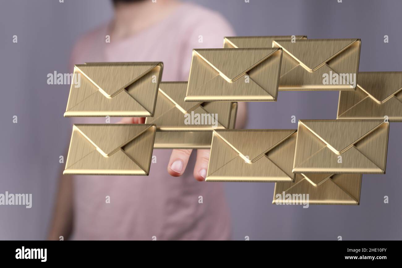 Male's hand pointing to an illustration of email inbox signs Stock ...