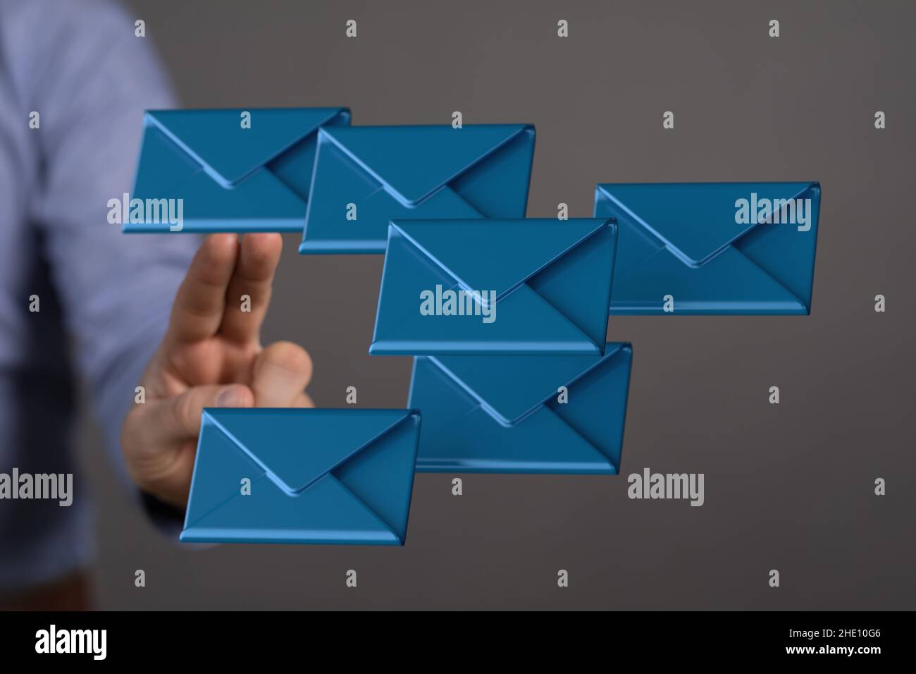 Male's hand pointing to an illustration of email inbox signs Stock ...