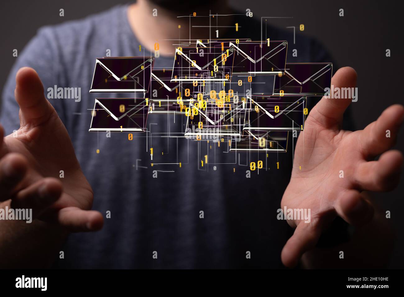 Male's hand pointing to an illustration of email inbox signs Stock ...
